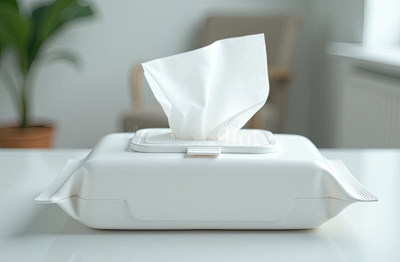 White Tissue Box with a Single Tissue Pulled Out on a Clean ...