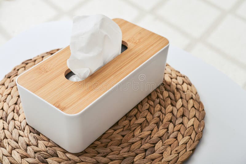 White Tissue Box with Wooden Bamboo Top Stock Image - Image of cleaner ...