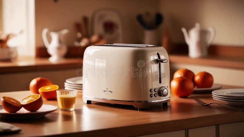 White Toaster on the Kitchen Counter with Various Breakfast Items Stock ...