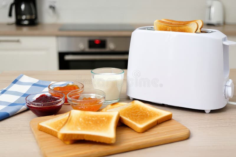 Toaster Toasting Bread for Breakfast with Jam and Milk on Kitchen Table ...