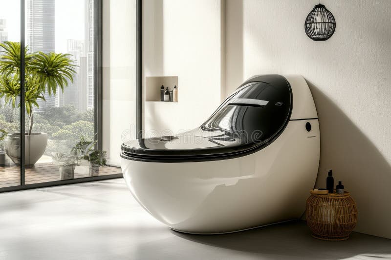 A White Toilet with a Black Seat is in a Bathroom with a Window Stock ...