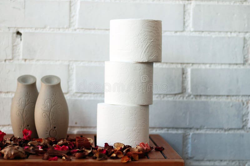 White Toilet Paper Rolls and Other Home Related Objects Against a White ...