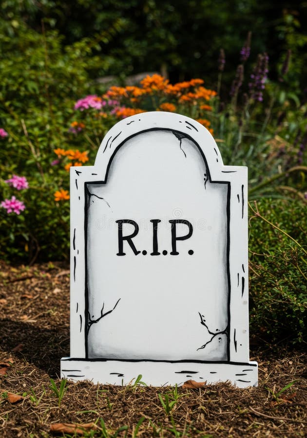 White Tombstone with RIP in Garden Setting Stock Image - Image of ...