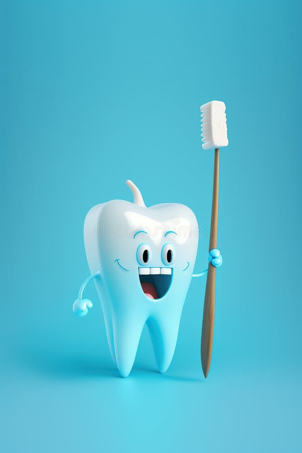 White Tooth Cartoon Character with a Toothbrush on Blue Background ...