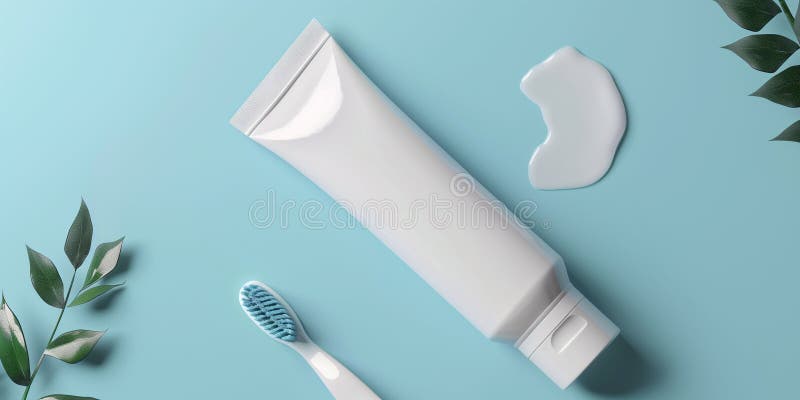 White Toothpaste Tube Mockup with Toothbrush and Leaves on a Blue ...