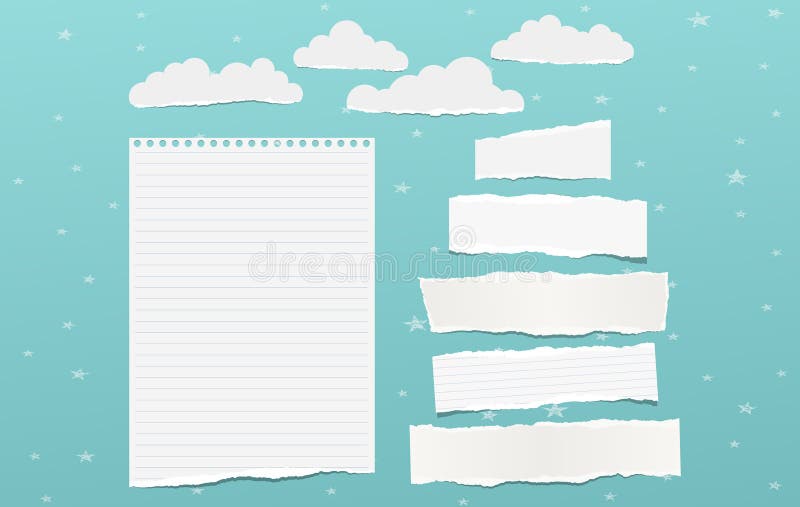 White Torn Note, Notebook Paper Pieces for Text, Clouds with Stars ...