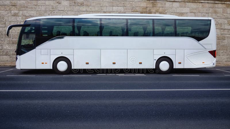 White Tourist Bus Parked on Empty Road Stock Image - Image of white ...