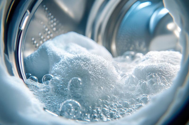 White Towels are Soaking in Soapy Water Inside a Washing Machine Drum ...