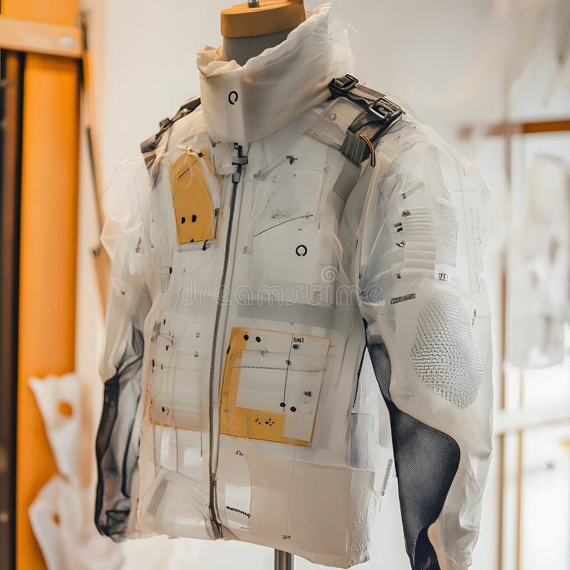 White Translucent Layered Jacket with Patches on Mannequin Stock ...