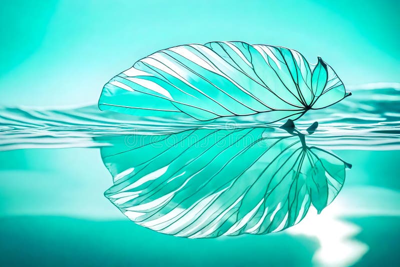 White Transparent Leaf on Mirror Surface with Reflection on Turquoise ...