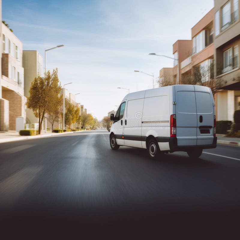 White Transport Van Back View without Brand Driving into an Empty ...