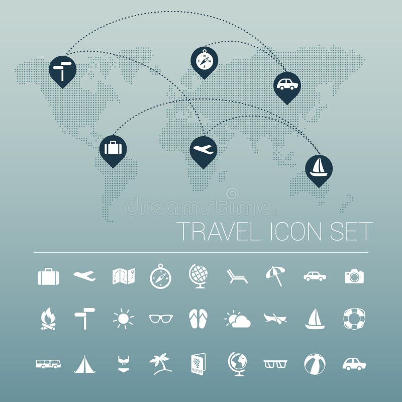 White Travel Icon Set and World Map Stock Vector - Illustration of ...
