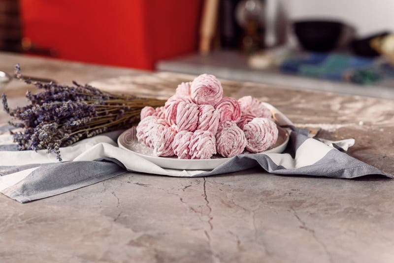 White Tray with Fresh Marshmallows on Marble Table Stock Photo - Image ...