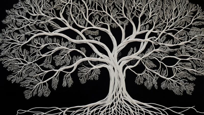 Intricate White Tree with Detailed Branches and Roots on Black ...