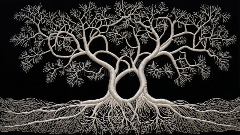 Intricate White Tree with Detailed Branches and Roots on Black ...