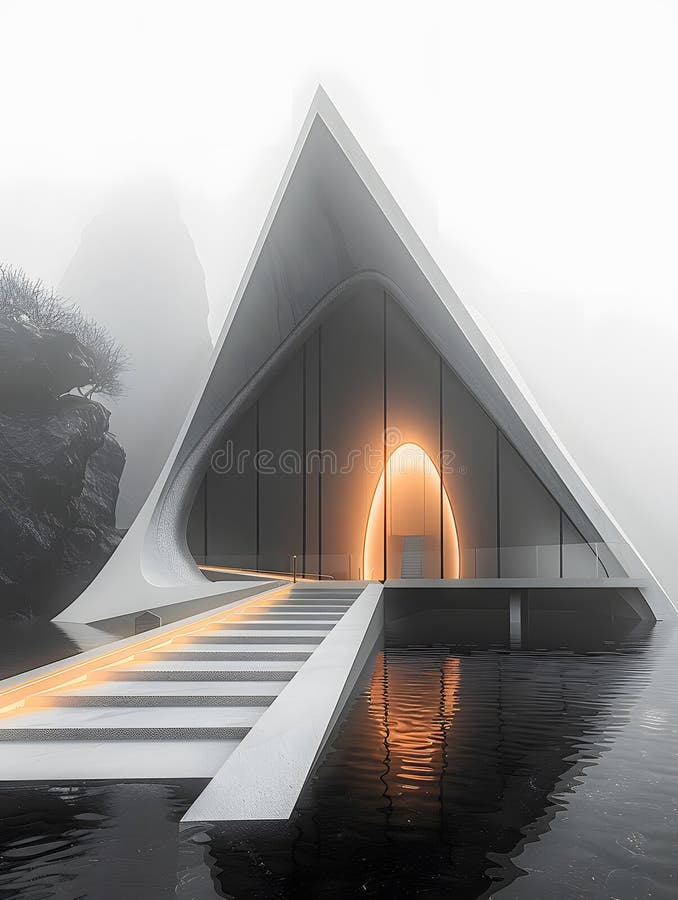 A White Triangle Shaped Building is Sitting on Top of a Body of Water ...