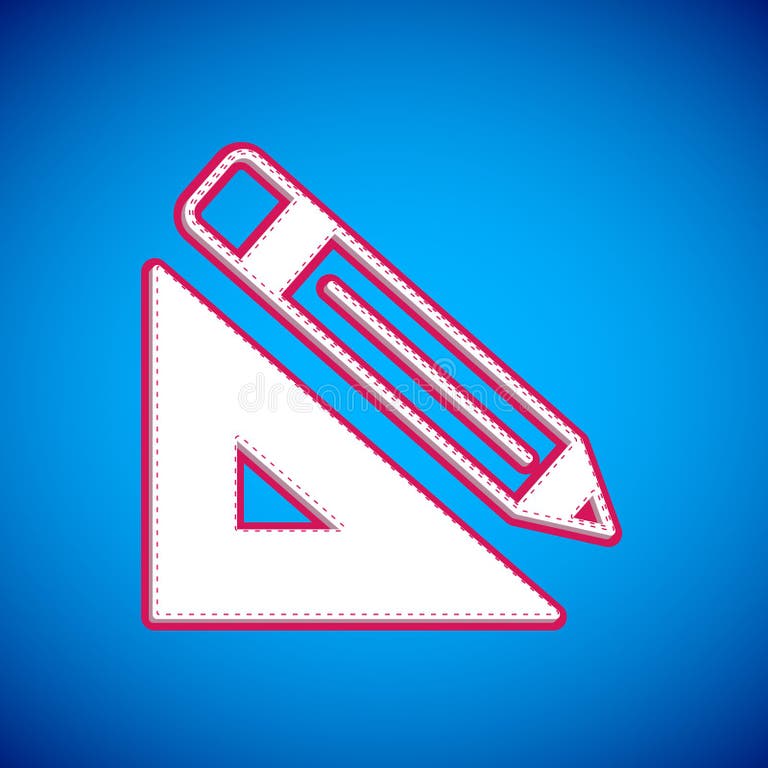 White Triangular Ruler and Pencil Icon Isolated on Blue Background ...