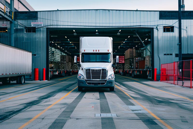 White Truck with a Covered Trailer Maneuvering into a Warehouse Loading ...