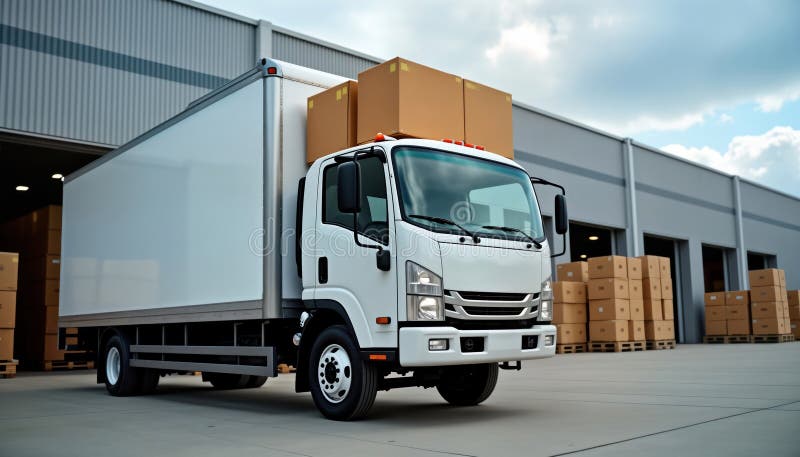 White Truck Loads Boxes at Warehouse. Boxes on Top of Truck, in ...