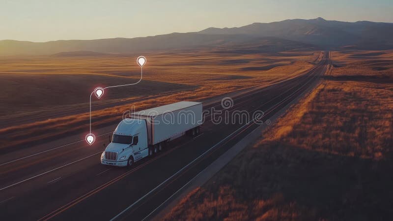 White Truck Navigating Highway with Visible Route Tracking and Gps ...