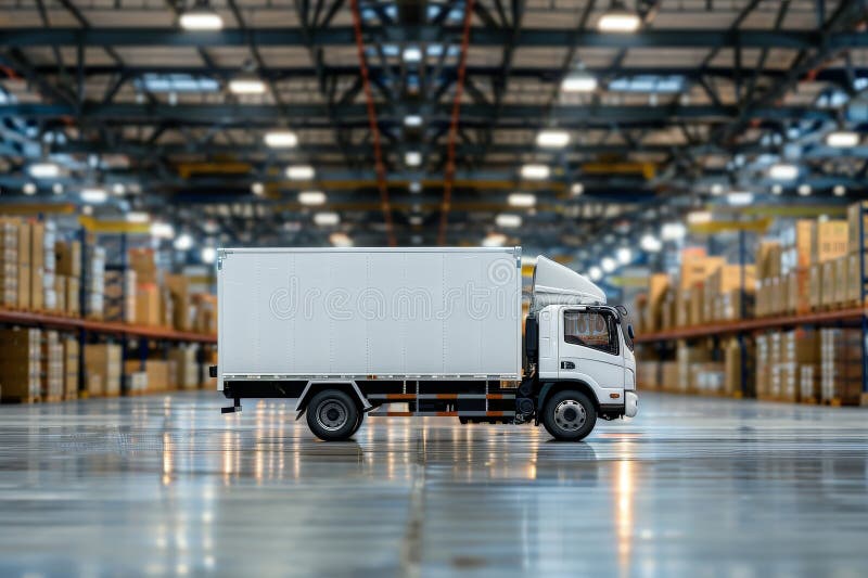 White Truck in Warehouse with Many Boxes, Shipping Warehouse and Truck ...