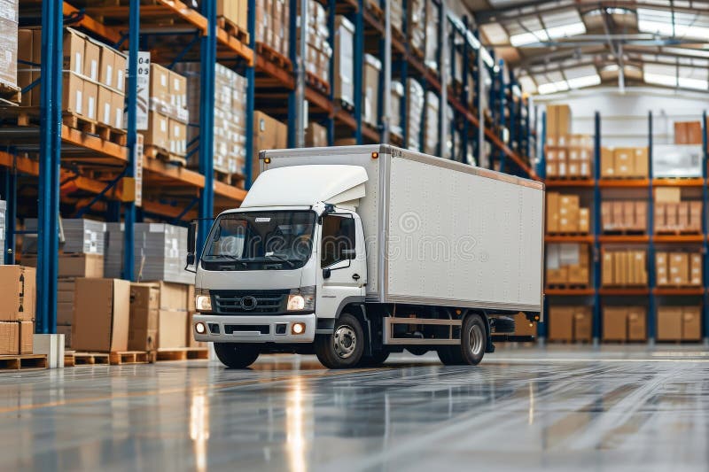 White Truck in Warehouse with Many Boxes, Shipping Warehouse and Truck ...