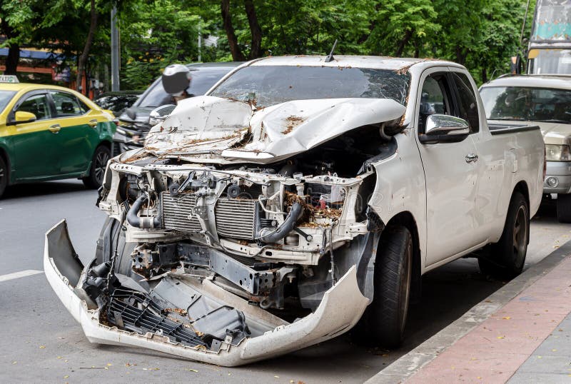 White Truck Was Crashed and Parked on Road Stock Image - Image of ...