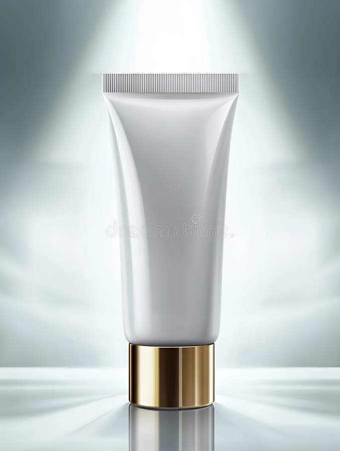 A White Tube with a Golden Base on a Reflective Surface in a Bright ...