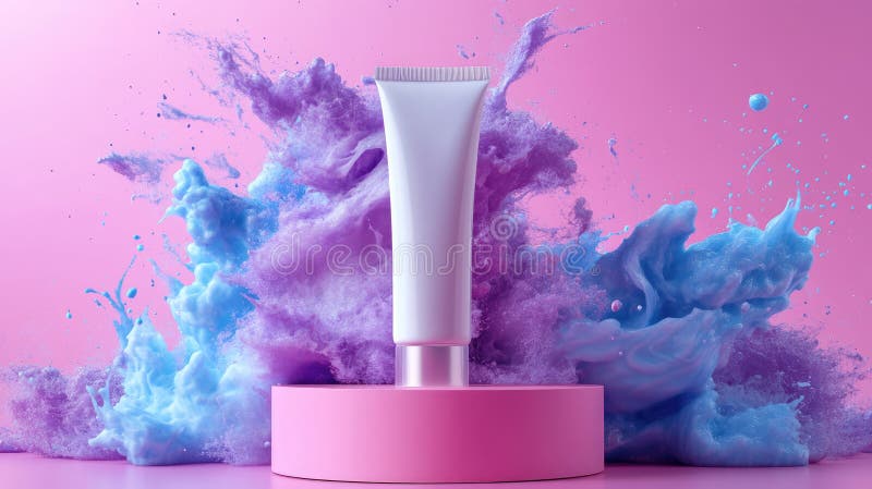 White Tube Mockup with Pink and Blue Paint Splashes on Pink Background ...