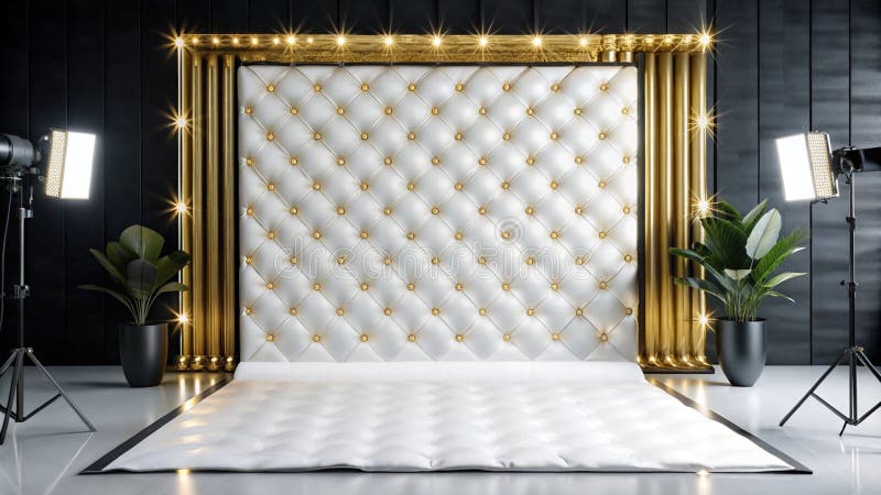 White Tufted Wall Backdrop with Gold Trim and Lighting in a Black ...
