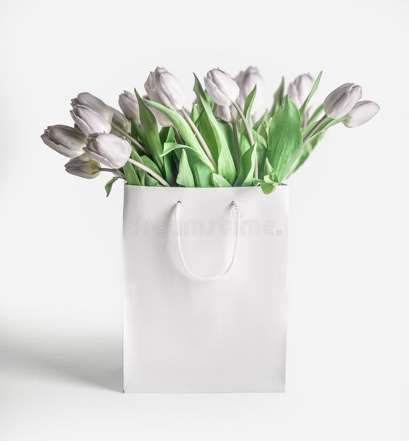 White Tulips Bunch in Shopping Bag at White Background with Shadow ...