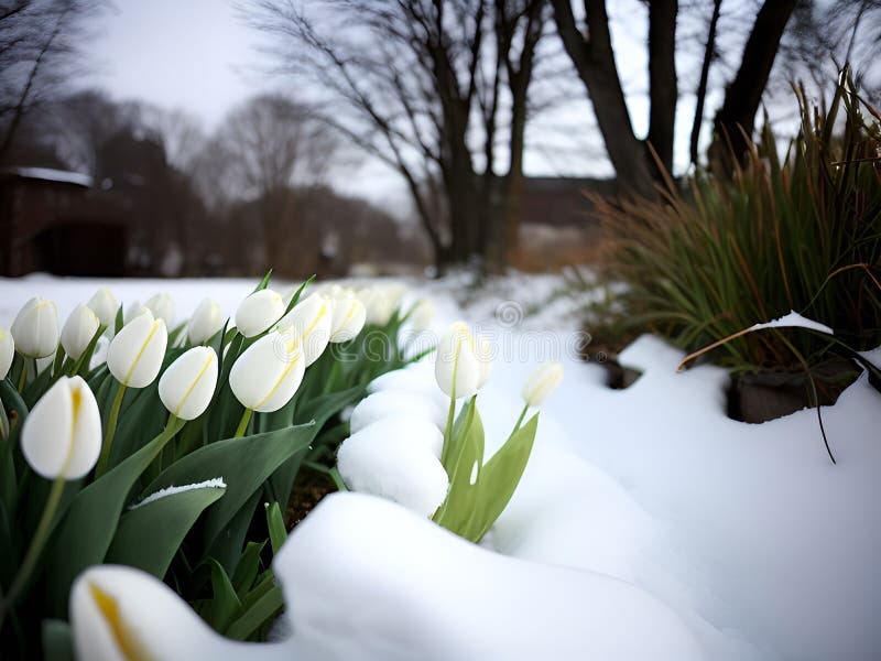 White Tulips Growing Throgu the Snow in the Garden Stock Illustration ...