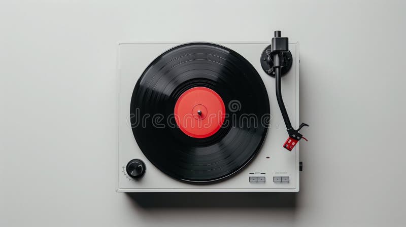 A White Turntable with a Black Vinyl Record and a Red Label Stock Image ...