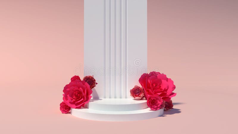 White Two Steps Podium 3d Rendering with Beautiful Blooming Roses ...