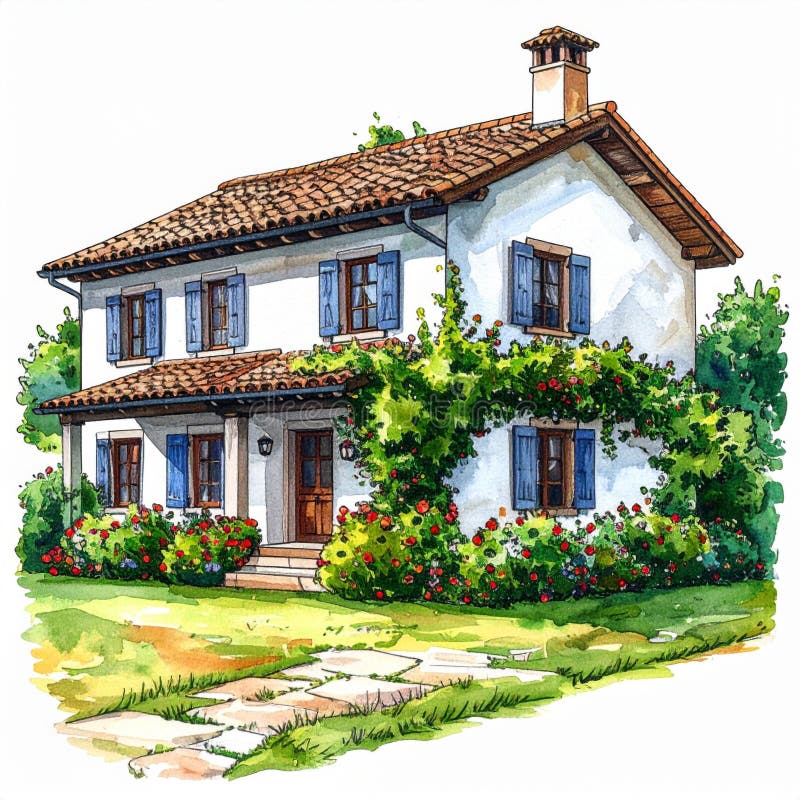 White Two Story House with Blue Shutters and Red Flowers Stock Image ...