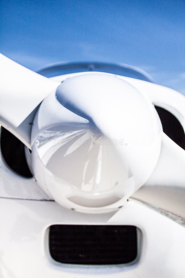 White Twoseater Aircraft Propeller and Cockpit Front Close-up View ...