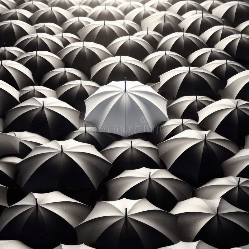 A White Umbrella among Black Umbrellas. Stock Photo - Image of umbrella ...
