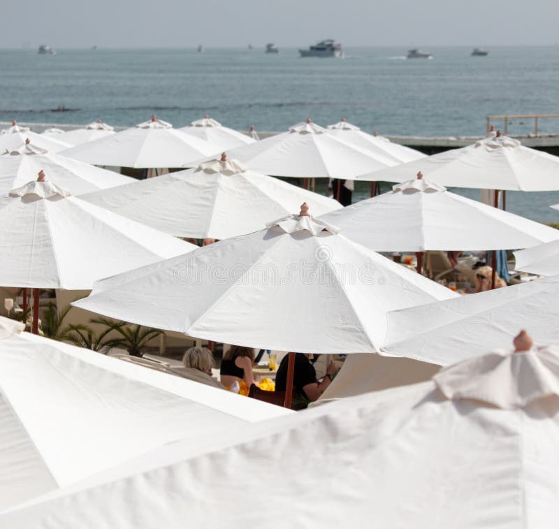 White Umbrellas on the Beach by the Sea Stock Photo - Image of aerial ...