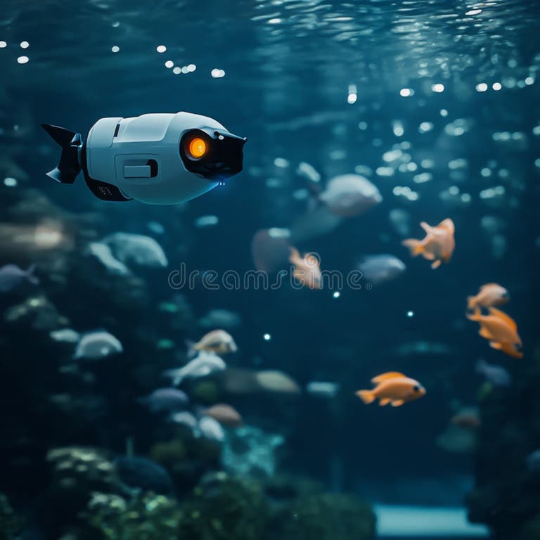 White Underwater Robot Fish Surrounded by Orange Fish Stock ...