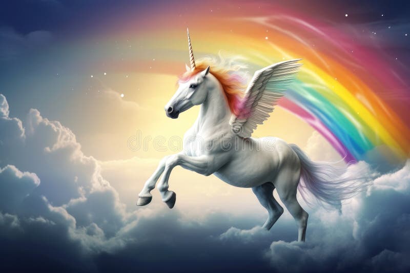 A White Unicorn with Wings Flying Over a Rainbow. AI Generated Stock ...