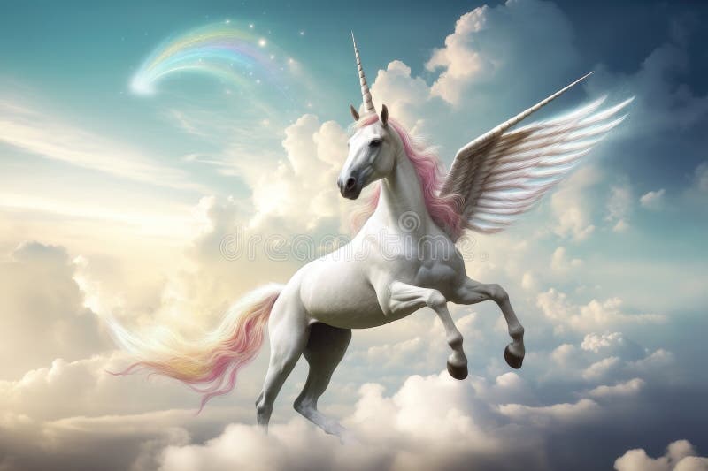 A White Unicorn with Wings Flying Over a Rainbow. AI Generated Stock ...