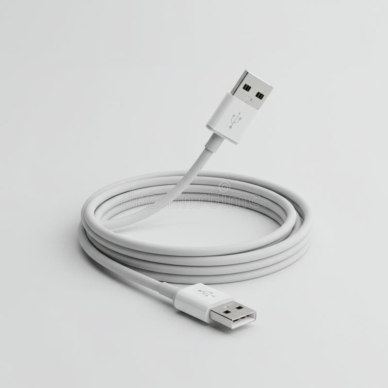 White USB Cable Coiled on a Light Gray Surface. it Features a Standard ...