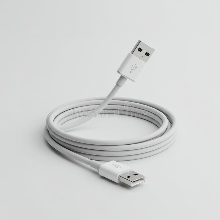 White USB Cable Coiled on a Light Gray Surface. it Features a Standard ...
