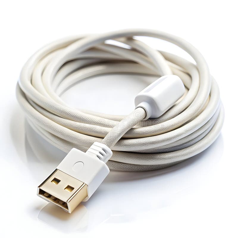 White USB Cable with Detailed Connector CloseUp on White Background ...