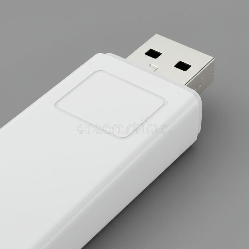 A White USB Flash Drive with a Rectangular Button or Label Area on Its ...