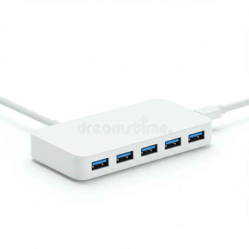 White USB Hub Featuring Five USB 3.0 Ports in a Rectangular, Compact ...
