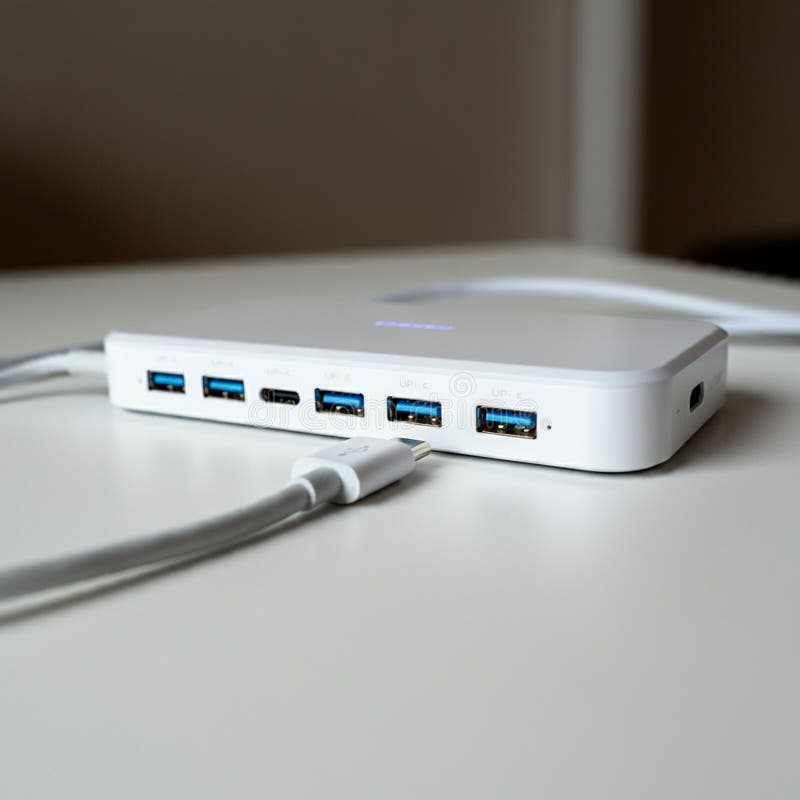 White USB Hub Featuring Multiple Blue USB 3.0 Ports and a USB-C Port on ...