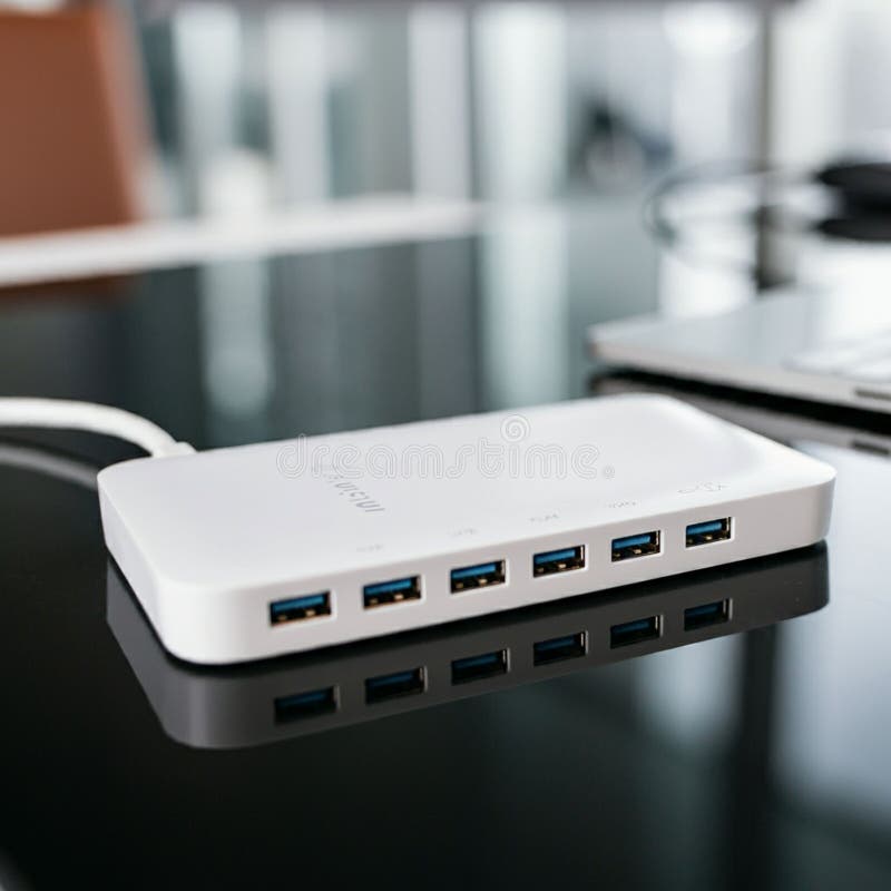 White USB Hub with Five Blue USB 3.0 Ports on a Glossy Black Table ...