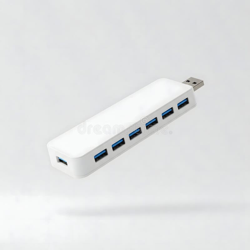 A White USB Hub Floating Horizontally in Mid-air Against a Solid White ...