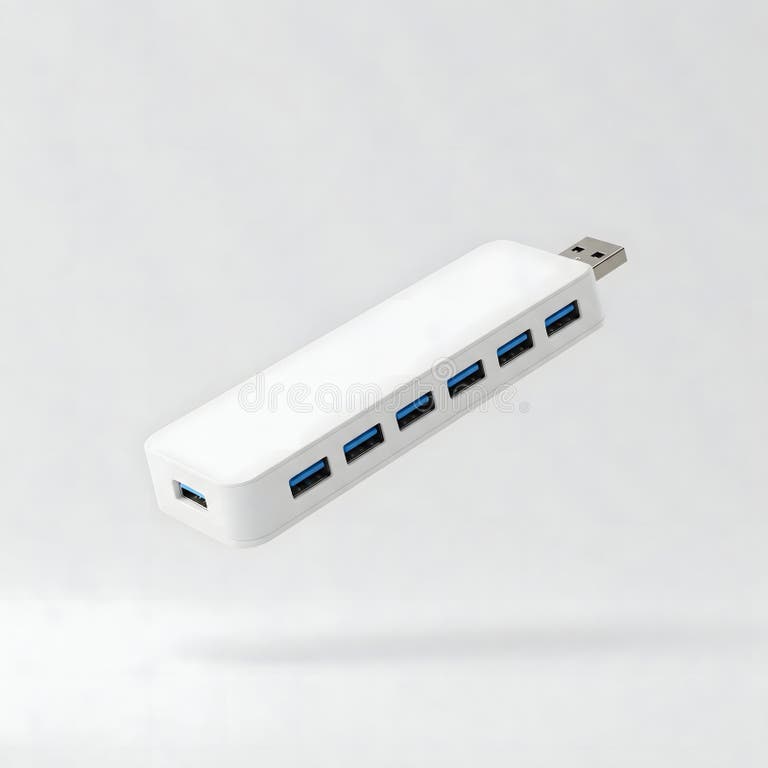 A White USB Hub Floating Horizontally in Mid-air Against a Solid White ...